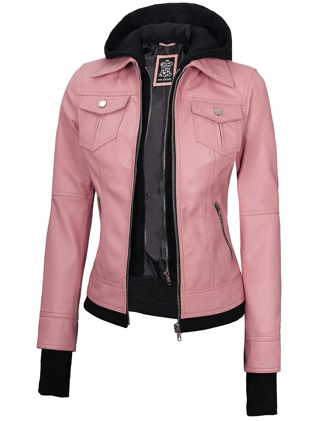 Betty Women's Pink Hooded Leather Motorcycle Jacket – Decrum